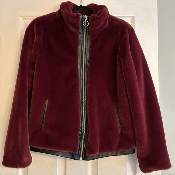 Bar III | Jackets & Coats | Bar Iii Burgundy Faux Fur Plush Zip Up ...